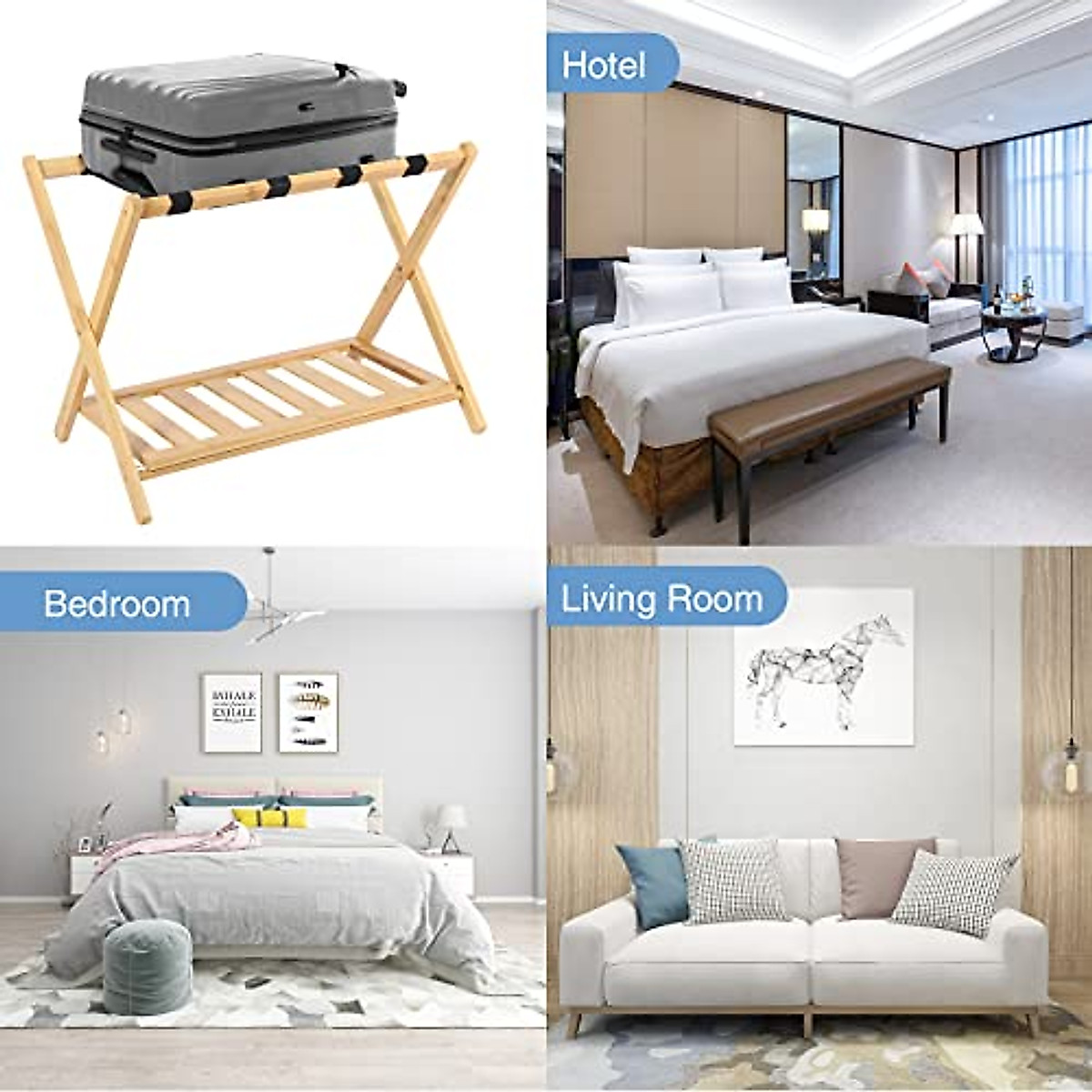 ALAPUR Bamboo Luggage Rack for Guest Room, Folding Luggage Holder with Storage Shelf , Suitcase Stand for Bedroom,Guest Room,Hotel