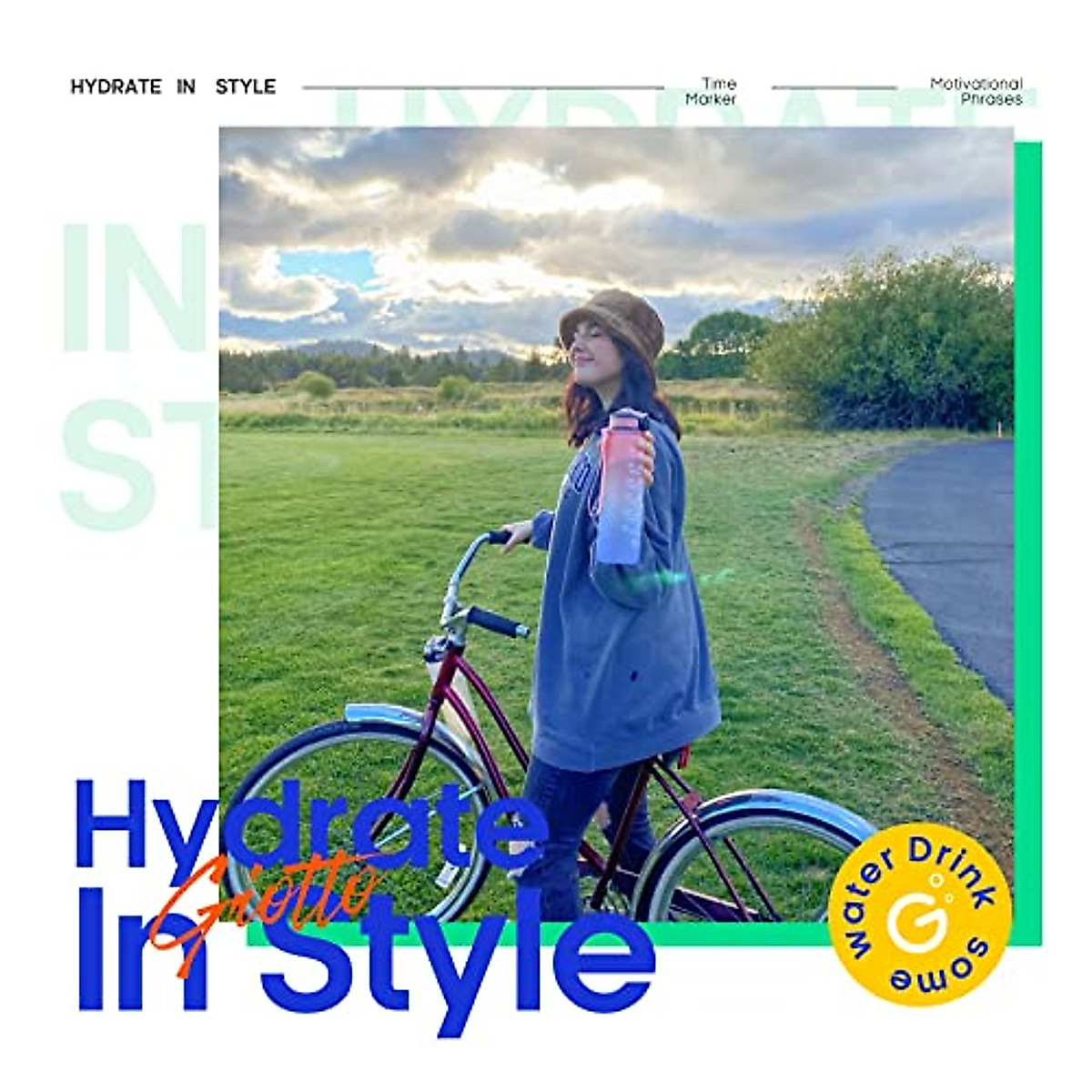 Giotto 32oz Large Leakproof BPA Free Drinking Water Bottle with Time Marker & Straw to Ensure You Drink Enough Water Throughout The Day for Fitness and Outdoor Enthusiasts-Ombre Pink Blue