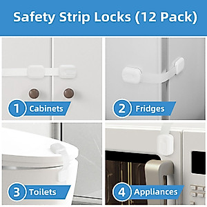 12 Pack Cabinet Locks for Babies with 36 Pack Must Use Outlet Covers-Easy no Drilling Installation-Adjustable Baby Locks with 3M Adhesives-Multi Use for Cupboard, Oven, Fridge, Toilet