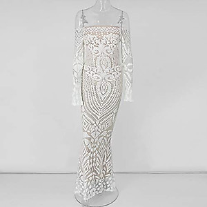 Yissang Women's Off Shoulder Floral Sequined Wedding Evening Mermaid Maxi Long Dress Bridal Gowns White Large