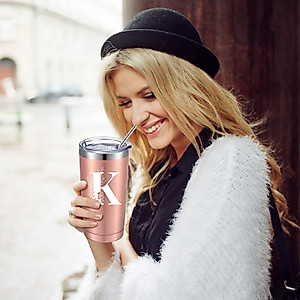 Thenshop Personalized Initial Mug Tumbler 20oz, Monogrammed Travel Mug with Gift Box for Wedding Birthday Graduation Party, Birthday Christmas Gifts for Women Mom Sisters Teacher Coworker (K)