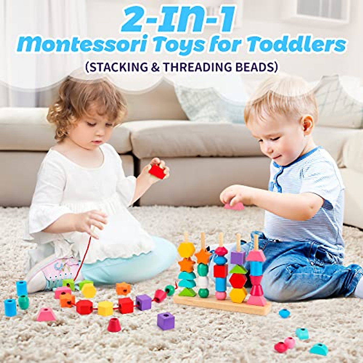 Montessori Wooden Beads Sequencing Toy Set, Stacking Blocks & Lacing Beads & Matching Shape Stacker, Montessori Toys for 2 3 4 5 Year Old STEM Preschool Learning Toys Gifts for Kids Boy Girl Toddler