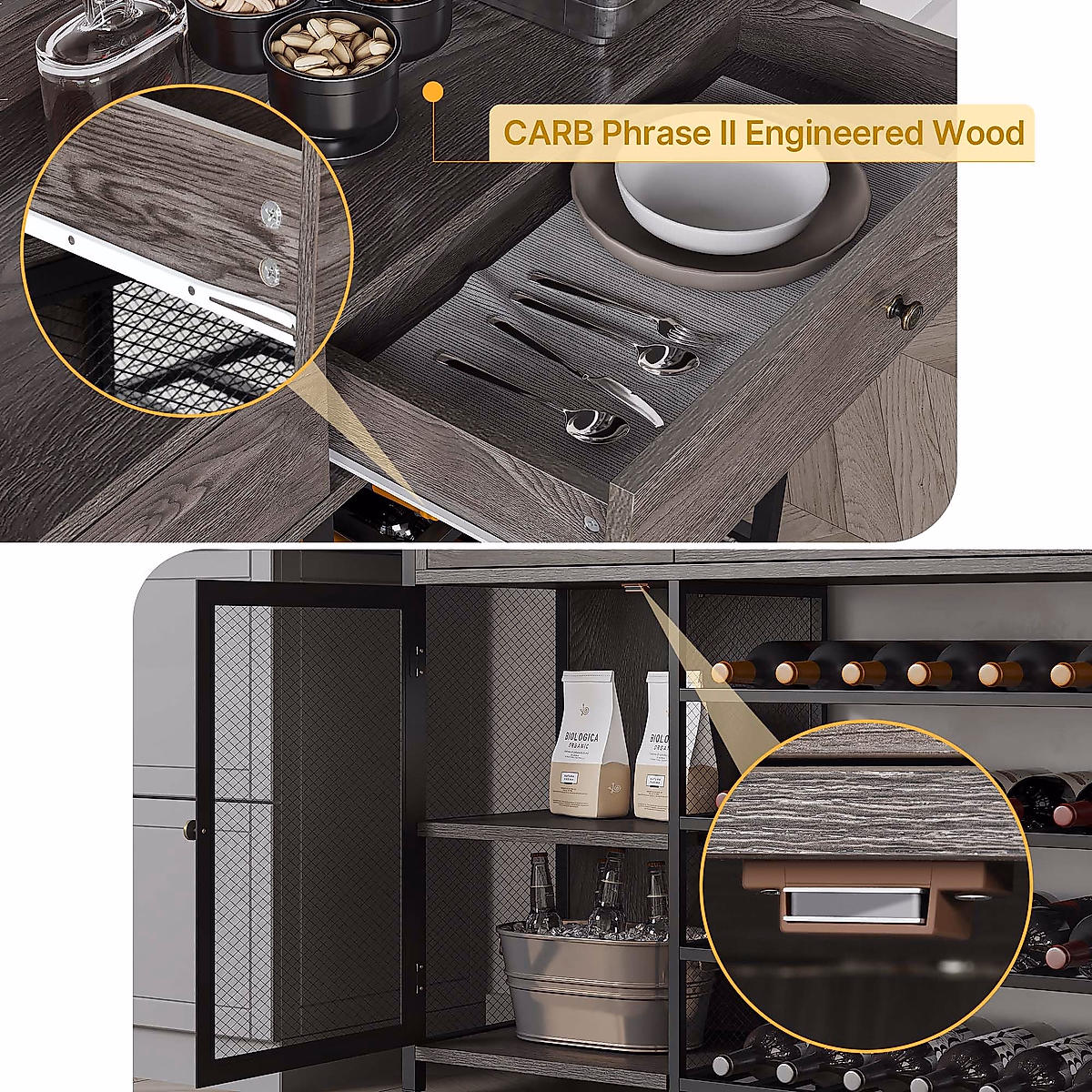 DWVO 47" Large Wine Rack Cabinet for Liquor & Glasses, Coffee Bar with LED Lights Door Shelves & Drawers, Modern Standing Bakers Rack Microwave Stand Kitchen Storage Shelf, Grey & Black