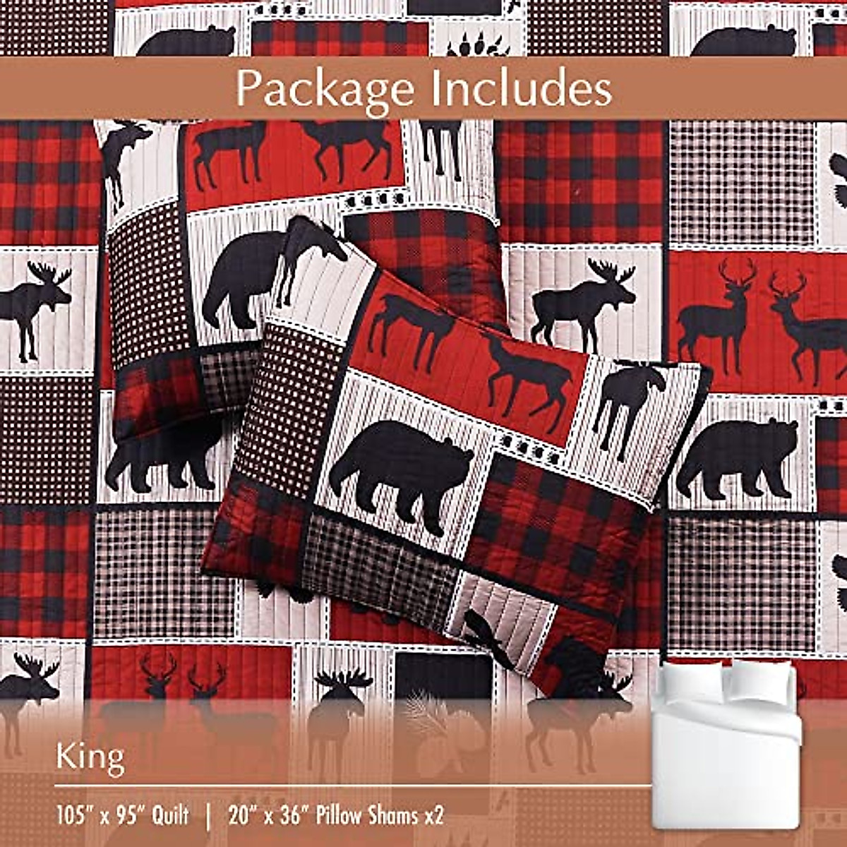 Virah Bella 3 Piece King Cabin Quilt Bedding Set - Lodge Life - Rustic Country Reversible Patchwork Comforter Set with Decorative Pillow Shams