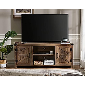 WAMPAT Farmhouse Barn Door TV Stand for TVs Up to 65" Modern Wood Console Entertainment Center Storage Cabinet Table Living Room with Adjustable Shelves