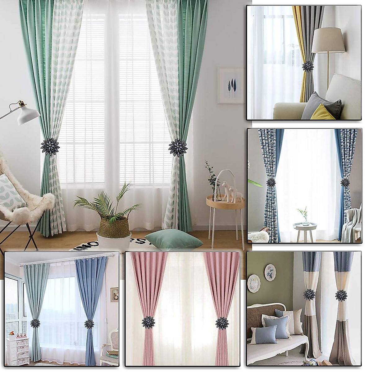 Sumnacon 2 Pcs Crystal Curtain Magnetic Tiebacks - Decorative Big Flower Curtain Clips Buckle with Stretchy Wire Rope, Sparkling Drapery Holdsbacks for Home Office Decor, Black