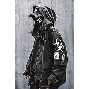 Niepce Inc Japanese Streetwear Zip Up Windbreaker Jacket for Men (Black2, XL)
