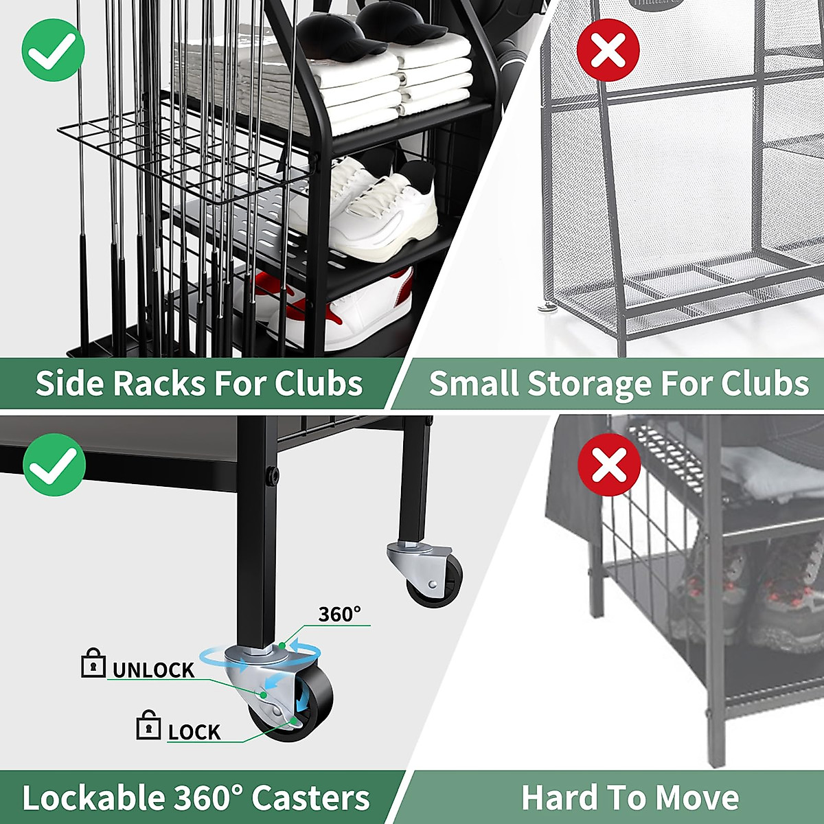 HoneySky Golf Storage Organizer for Garage, Double Golf Bag Stand Storage Rack with Lockable Wheels, Extra Large Golf Organizer for Golf Clubs and Golf Accessories, Ideal Gifts for Golfer