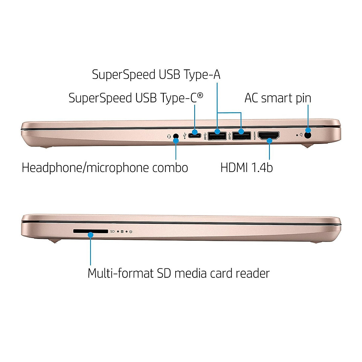 HP 14 HD Laptop, 2023 Newest Upgrade, Intel Celeron N4120(Quad-core), 16GB RAM, 128GB(64GB SSD+64GB Card), HDMI, USB-C, Lightweight, Windows 11, School and Business Ready, Rose Gold, ROKC HDMI Cable