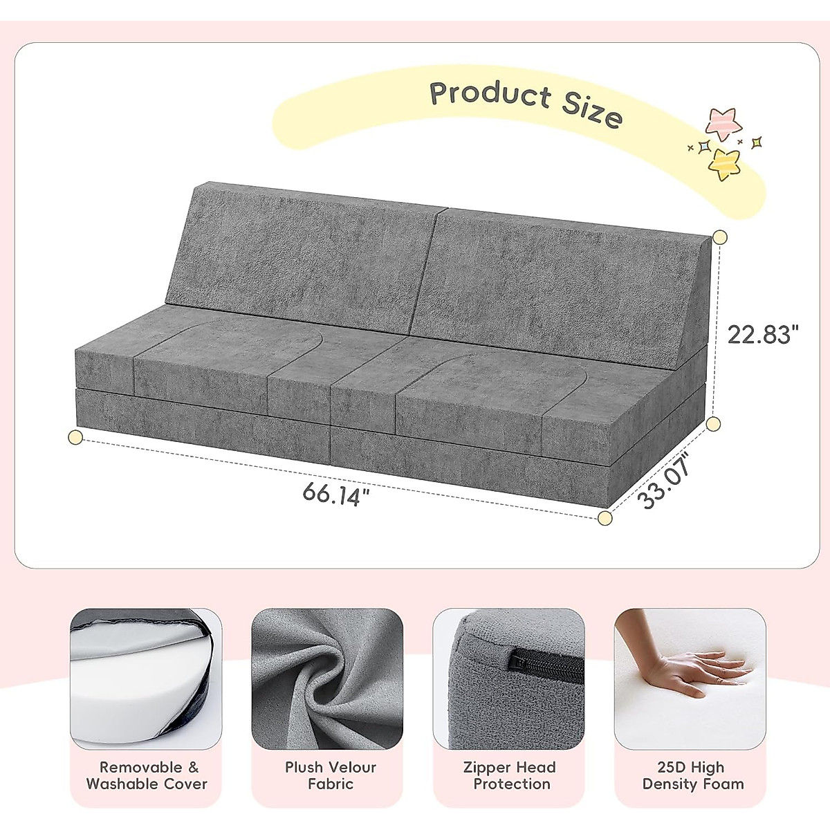 Betterhood Modular Kids Play Couch - 66" Extra Large Convertible Toddler & Kids Sofa, DIY Creativing Foam Couch for Playing, Creativity, Sleeping, Versatile Kids Couch for Playroom, Bedroom, Nursery