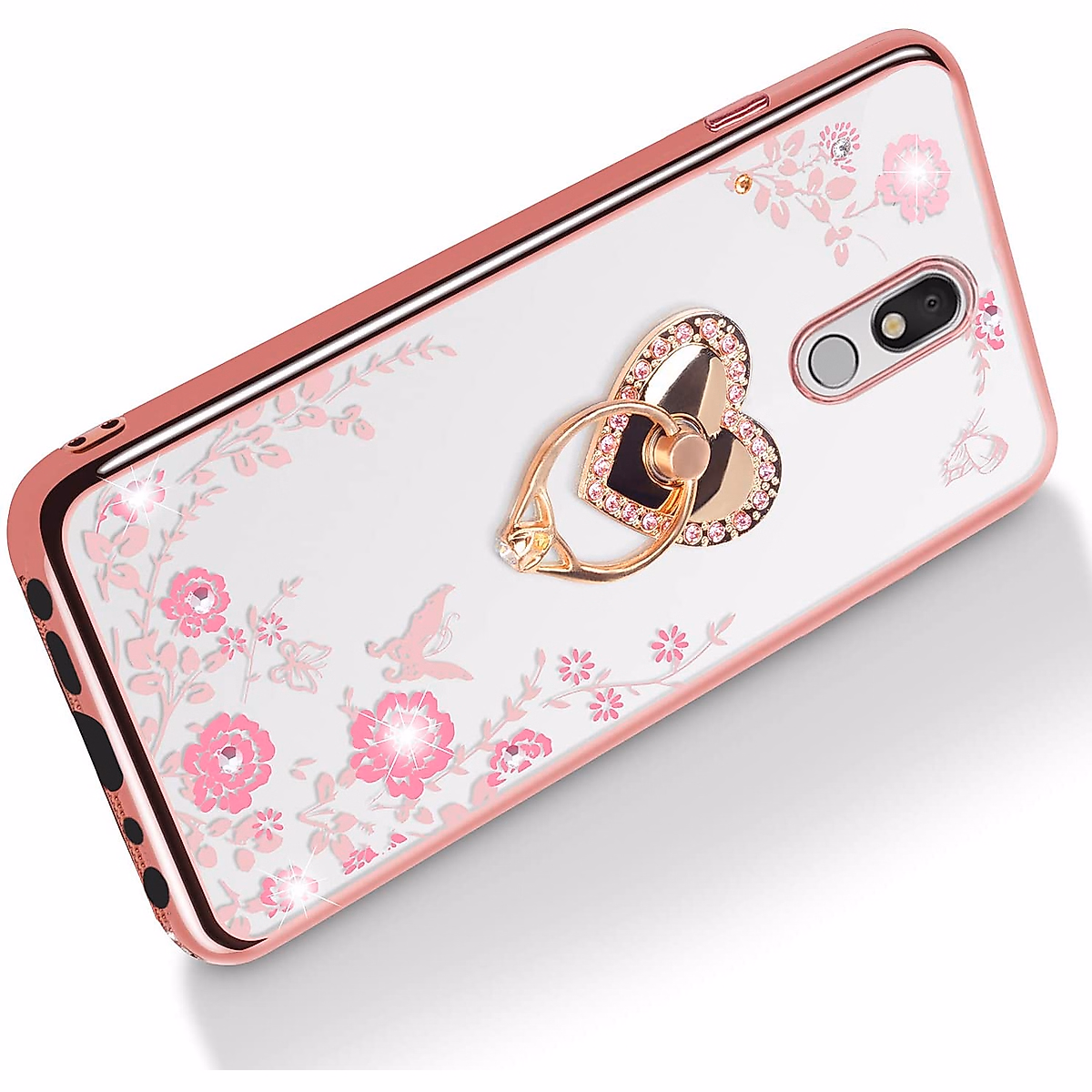 LG Stylo 5 Case,Glitter Crystal Butterfly Heart Floral Cute for Girls Women,Stylo 5 Plus/Stylus 5/LG Stylo 5V/LG Stylo 5X Case Slim Soft TPU Clear Case with Ring Stand for LG Stylo 5 (Rose Gold)
