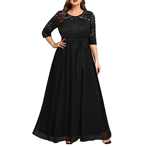 Plus Size Black Formal Gowns Evening Dresses Lace Wedding Prom Party 3/4 Sleeve Long Maxi Elegant Dresses for Women