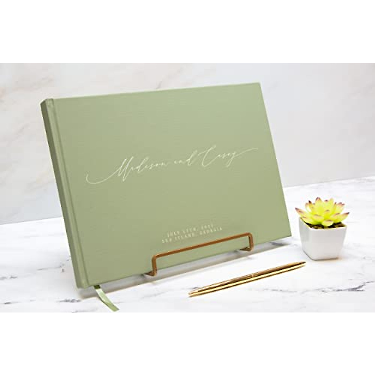 MUUJEE Personalized Guestbook in Sage - Premium Custom Modern Guest Book for Wedding Reception, Birthday Party or Events w/Bookmark Blank Pages for Signing 11.5 x 8.5 inches