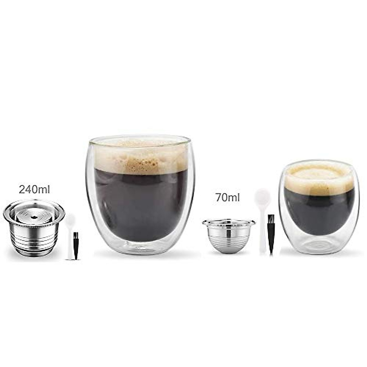 Reusable Coffee Capsule Filter, Stainless Steel Coffee Pod Holder Set Compatible with Nespresso Vertuoline GCA1/Plus, Nespresso Vertuo Plus Series, Delonghi ENV 135/150 with Brush Spoon (240ml)