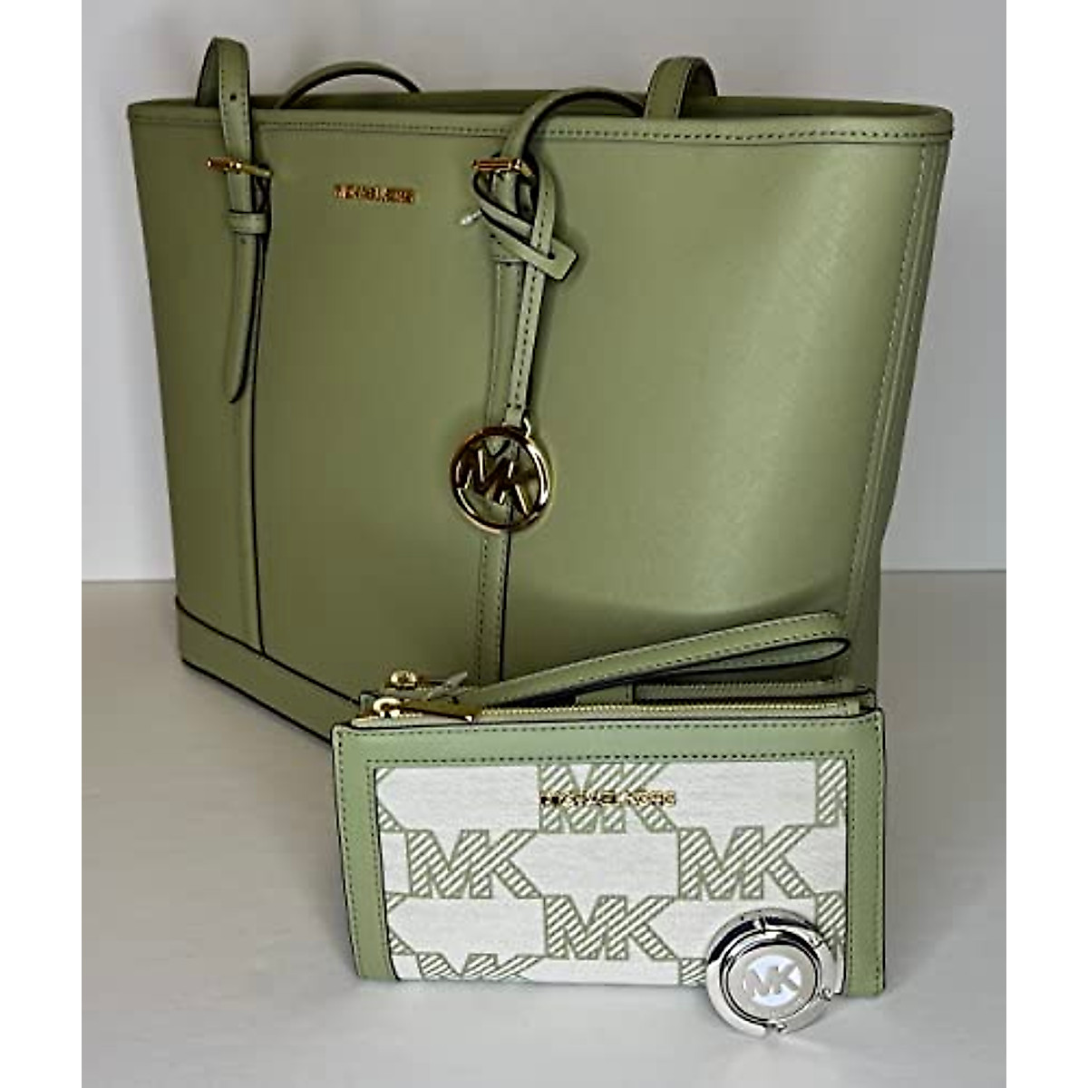 Michael Kors Jet Set Travel Large TZ Shoulder Tote bundled with Double Zip Wristlet and Purse Hook (Light Sage/MK)