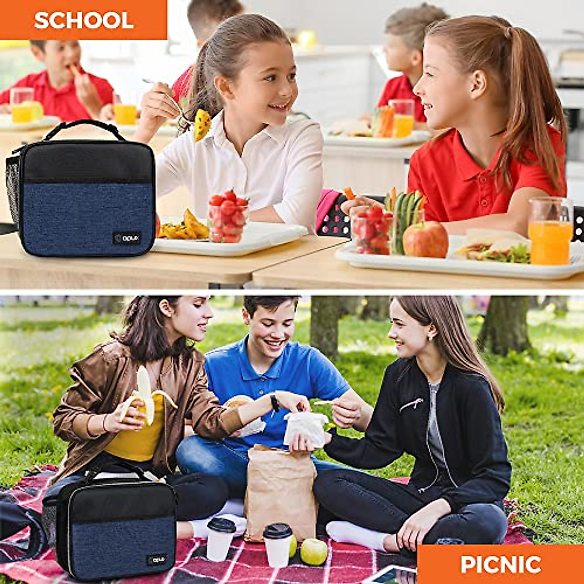 OPUX Insulated Lunch Box for Kids, Boys, Girls | Soft Leakproof Lunch Bag for Men Women | Reusable Durable Thermal Lunch Pail for School Work Office | Fit 6 Cans (Navy)