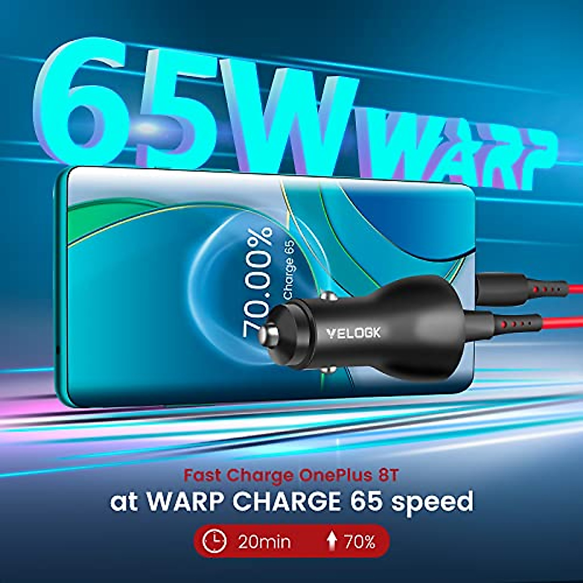 VELOGK 65W Warp Car Charger [10V/6.5A] for OnePlus 8T/9R/9/9 Pro/8 Pro/8/7 Pro/7T/7T Pro/6T/5T/Nord N10 5G, Warp Charge 65 Car Charger Adapter with USB A-to-C Warp Charging Cable (1M/3.3ft)