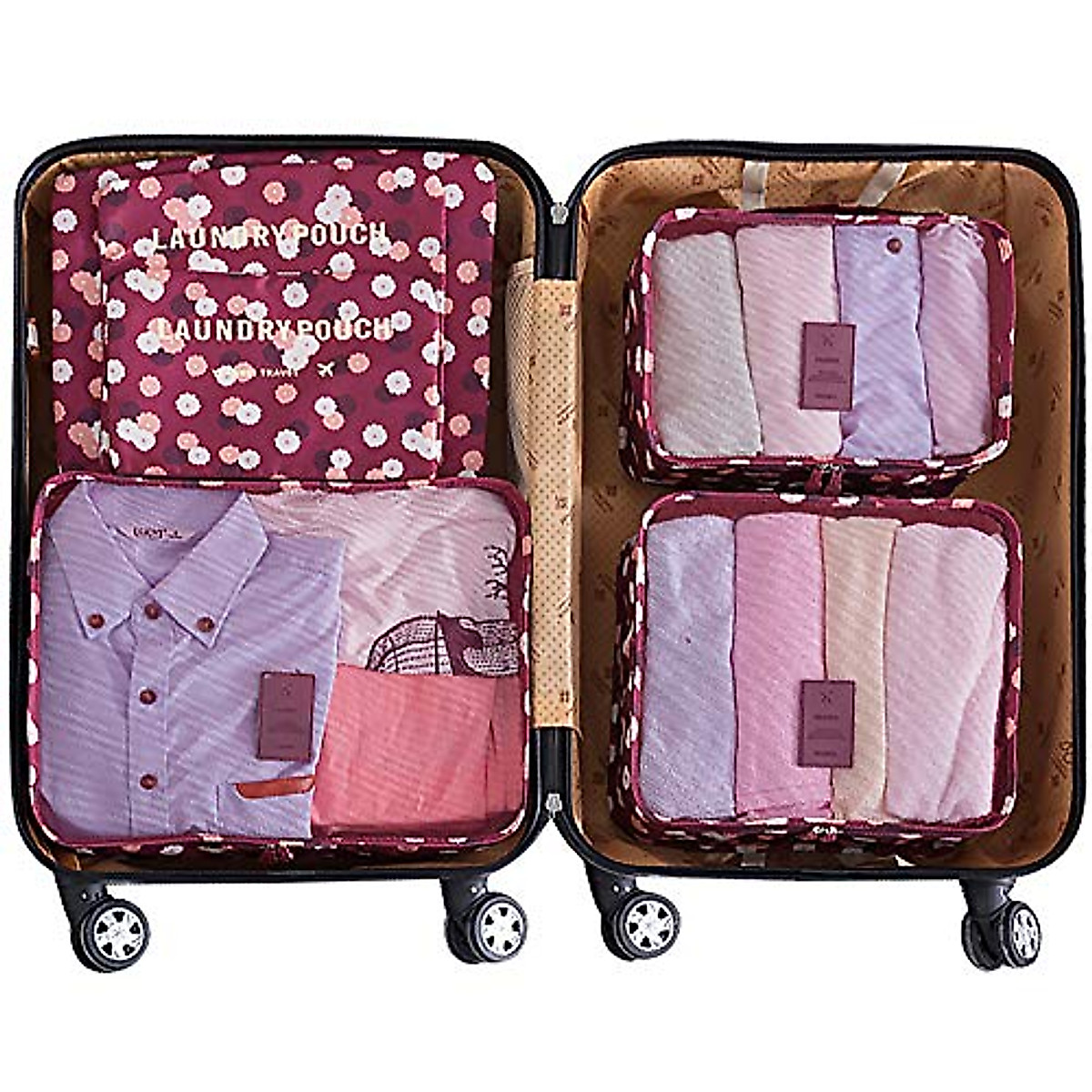 Travel Cubes,Mossio 7 Piece Compact Carry On Luggage Organizer Value Folders Travel Bag Wine Flower