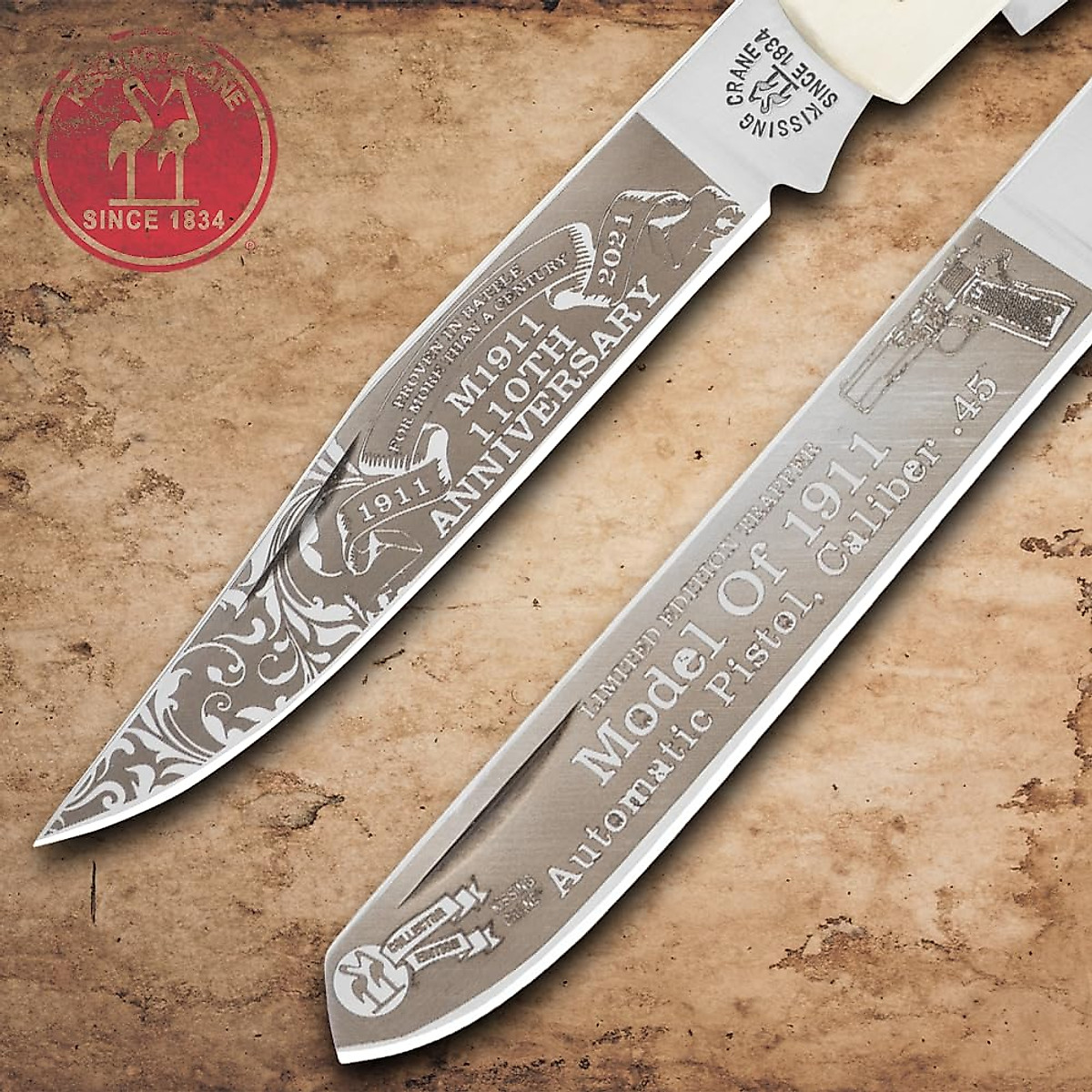 KISSING CRANE Pocket Knife for Men | Dual Stainless Steel Blades | Folding Knife with Scaled Handle | Laser-Etched Artwork of Legendary M1911 | Limited Edition Trapper Knife