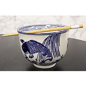 Ebros Ming Style Zen Blue White Koi Fishes By Waterfall Ramen Udong Noodles 5" Diameter Bowl With Built In Chopsticks Rest and Bamboo Chopstick Set for Dining Soup Rice Meal Cereal Bowls Decor Kitchen