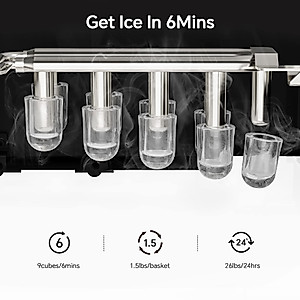 Crzoe Ice Makers Countertop, Ice Machine with Handle, 26Lbs in 24Hrs, 9 Cubes Ready in 6 Mins, Self-Cleaning Portable Ice Maker, 2 Sizes of Bullet Ice Cubes for Home and Office