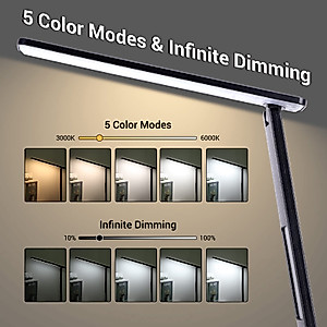 LED Desk Lamp with Wireless Charger, USB Charging Port, Desk Lamps for Home Office, Dimmable Office Lamp with Clock, Alarm, Date, Temperature, Foldable Study Lamp, Touch Dorm Lamp, Black