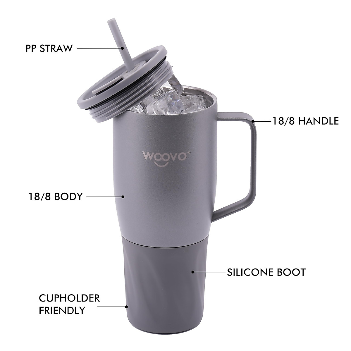 WOOVO 30 oz Tumbler with Handle and Straw - Insulated Double Wall Stainless Steel Water Bottle with SIlicone Boot - BPA Free Water Tumbler with Lid - Dishwasher Safe Cups Stay Hot Cold - Grey