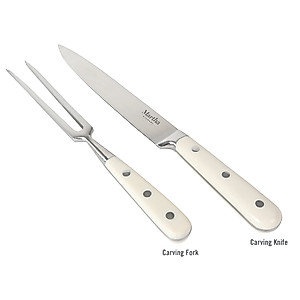 Martha Stewart Goswell 3pc Set w/ 8" Triple Riveted Stainless Steel Carving Knife, 6" Triple Riveted Stainless Steel Carving Fork w/Beech Wood Cutting and Serving Board