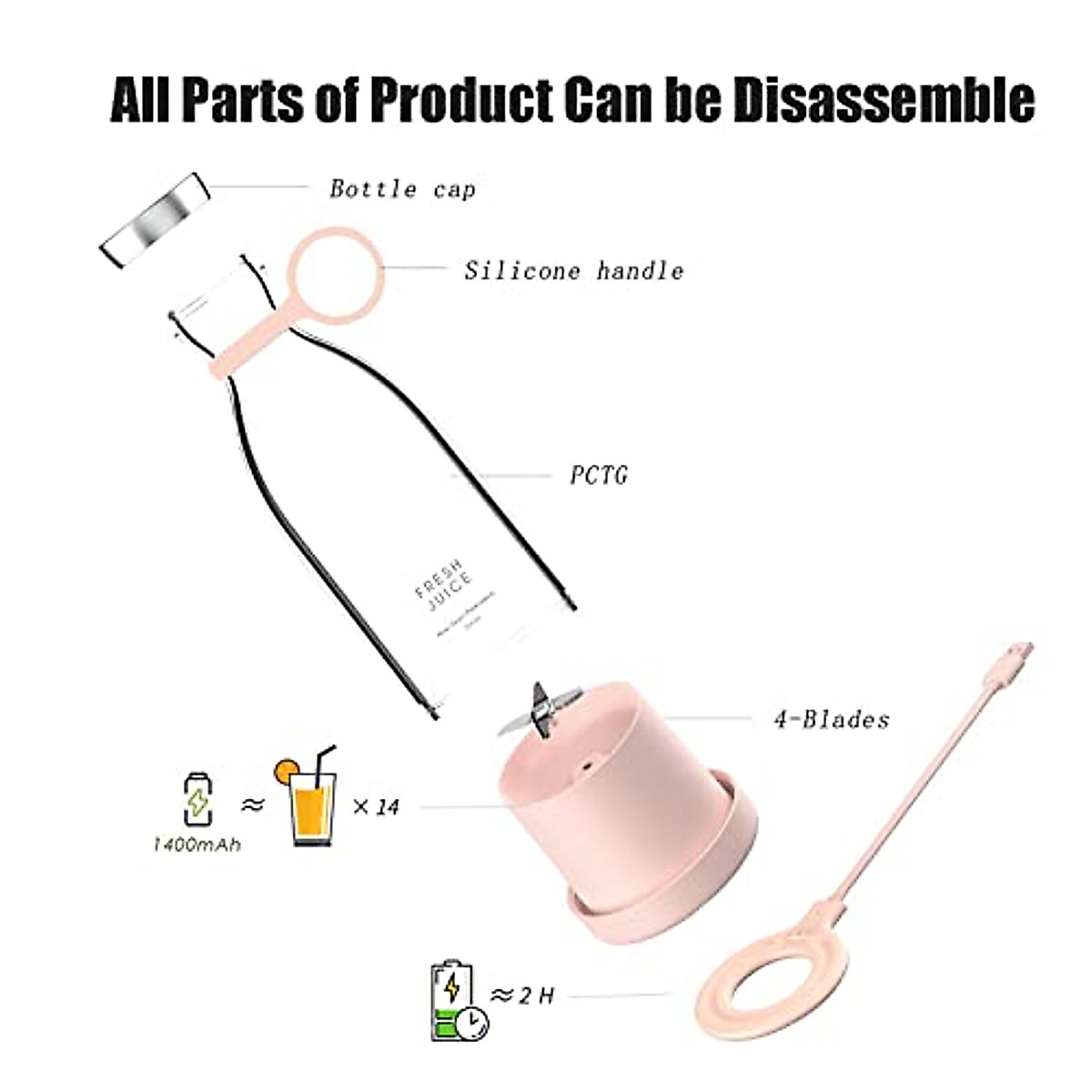 Portable Blender, Multifunctional Personal Size Blender with USB Rechargeable, Mini Smoothie Blender , Hand Blender for Home Office Gym Travel,A fancy gift (Pink)