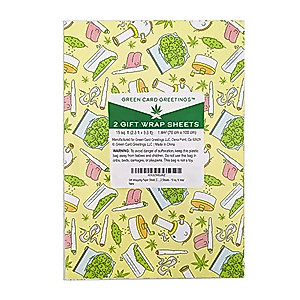 Green Card Greetings Gift Wrapping Paper Sheet, Colorful Hemp Theme, Pipe, Joint Pattern, 2 Sheets - 15 sq. ft. total