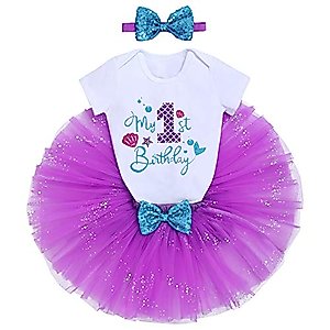 Mermaid 1st Birthday Outfit Baby Girl My First Birthday Cake Smash Photo Shoot Romper Little Mini Tutu Skirt Shiny Headband One Year Old Summer Nautical Ocean Themed Birthday Party Supplies Purple 1T
