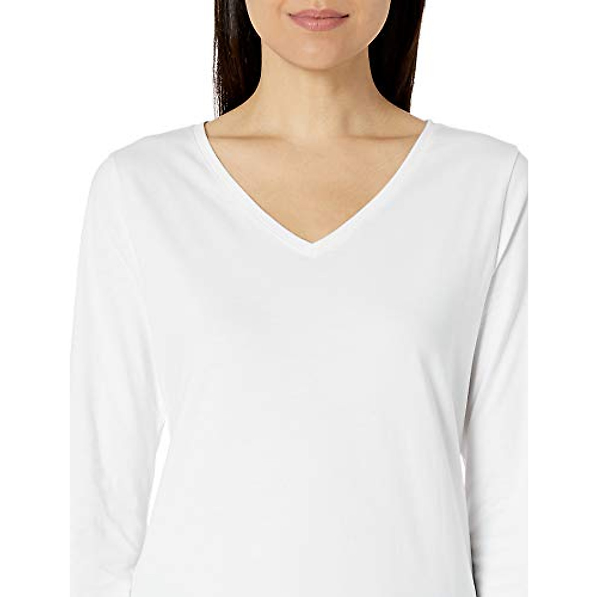 Amazon Essentials Women's Classic-Fit 100% Cotton Long-Sleeve V-Neck T-Shirt, White, Large