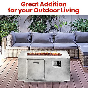 Concrete Outdoor Propane Fire Pit Table - CSA/ETL Certified Safe 50,000BTU Pulse Ignition Weatherproof Square Propane Gas Fire Table - Adjustable Flame, Thermocouple - PVC Cover, Lava Rock- SLFPCN56