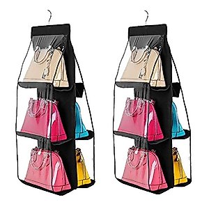HAN SHENG 2 Pcs 6 Pockets Hanging Purse Handbag Organizer Clear Hanging Shelf Bag Collection Storage Holder Purse Bag Wardrobe Closet Space Saving Organizers (Black)