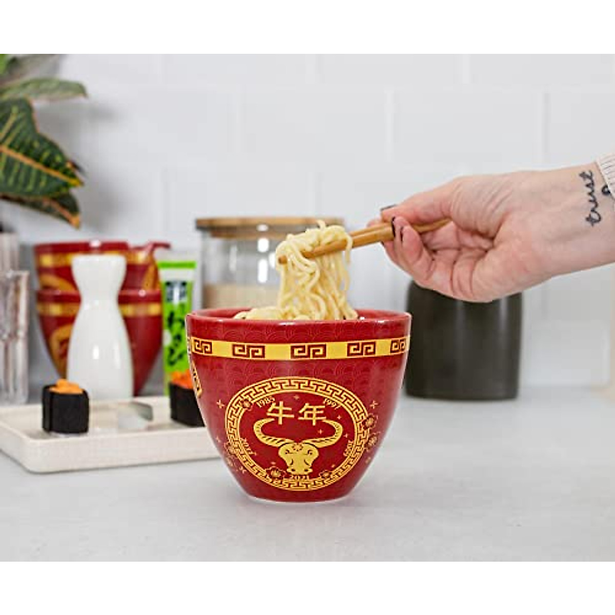 Boom Trendz Year Of The Ox Chinese Zodiac Ceramic Dinnerware Set | Includes 16-Ounce Ramen Noodle Bowl and Wooden Chopsticks Asian Food Dish For Home & Kitchen Kawaii Lunar New Gifts red One Size