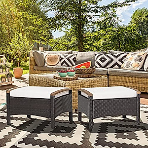 RELAX4LIFE Outdoor Wicker Ottomans for Patio - 2 Pieces PE Rattan Ottoman, Footrest Seat with Zippered Cushions, Acacia Wood Handles, 3-in-1 Footstool, Side Table for Poolside, Backyard (Off White)