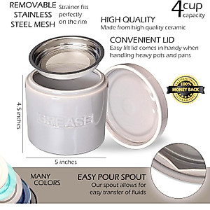 CYPRESS SUNRISE Bacon Grease Saver with Strainer - 32oz Ceramic Container for Kitchen Holds Bacon Fat Drippings Oil for Reuse - Keeper Can Hold Cooking Frying Oil - Dishwasher Safe