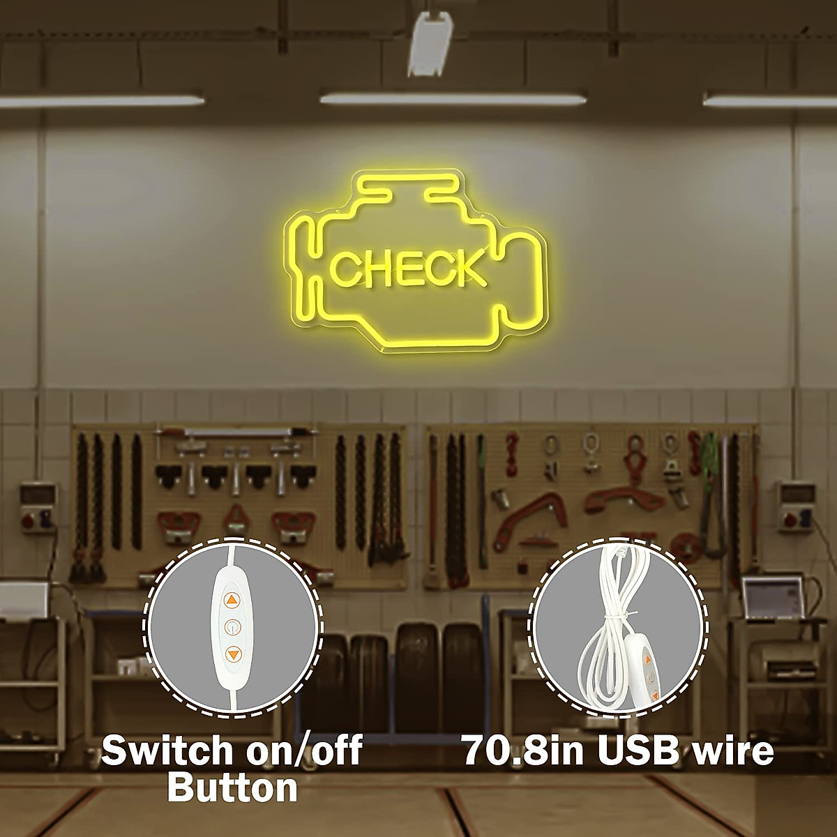 JianJung Check Engine Light Neon Sign Check LED Sign Dimmable Neon Light Up Sign for Man Cave Bedroom Garage Room Auto Repair Shop Studio Neon Wall Sign Decor Gifts for Men