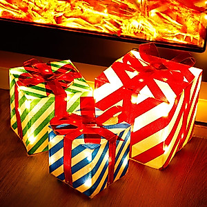 ATDAWN Set of 3 Lighted Gift Boxes Christmas Decorations, Pre-lit Light Up Present Boxes with Red Green and Blue Stripe for Christmas Indoor Home Outdoor Yard Lawn