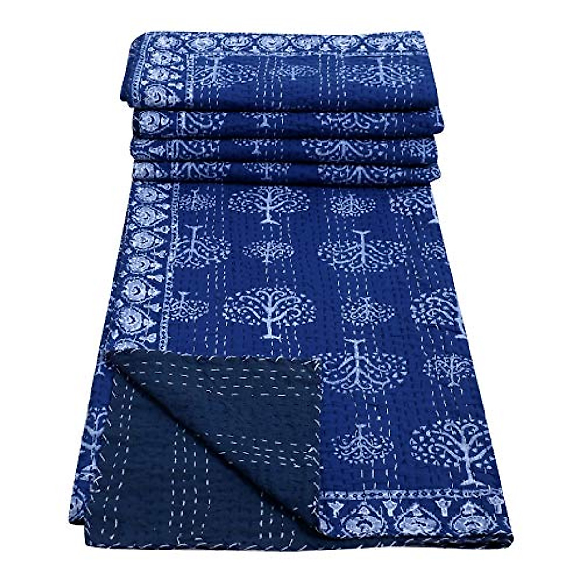 SHIRANYA Cotton Kantha Quilt Bedspread Twin Indian Handmade Indigo Tie Dye Handblock Print Throw Blanket Reversible Traditional Patchwork Stitched Bedding Comforter (90x60 Inch/220x152 cm)
