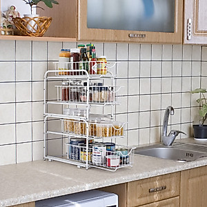 YBING Stackable Under Sink Cabinet Organizer 2 Tier Sliding Basket Organizer Drawer Bathroom Under Cabinet Basket Organizer for Kitchen Pantry White 2 Pack