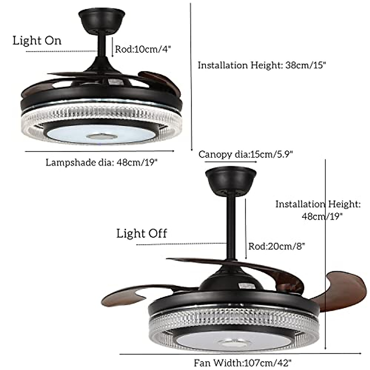 LUOLAX 42in Fandelier Ceiling Fan with Lights and Bluetooth Speaker,Modern Crystal Chandelier LED Fan 6 Speeds Fans Music with Remote Control Modern Crystal Invisible Blades with Silent Motor