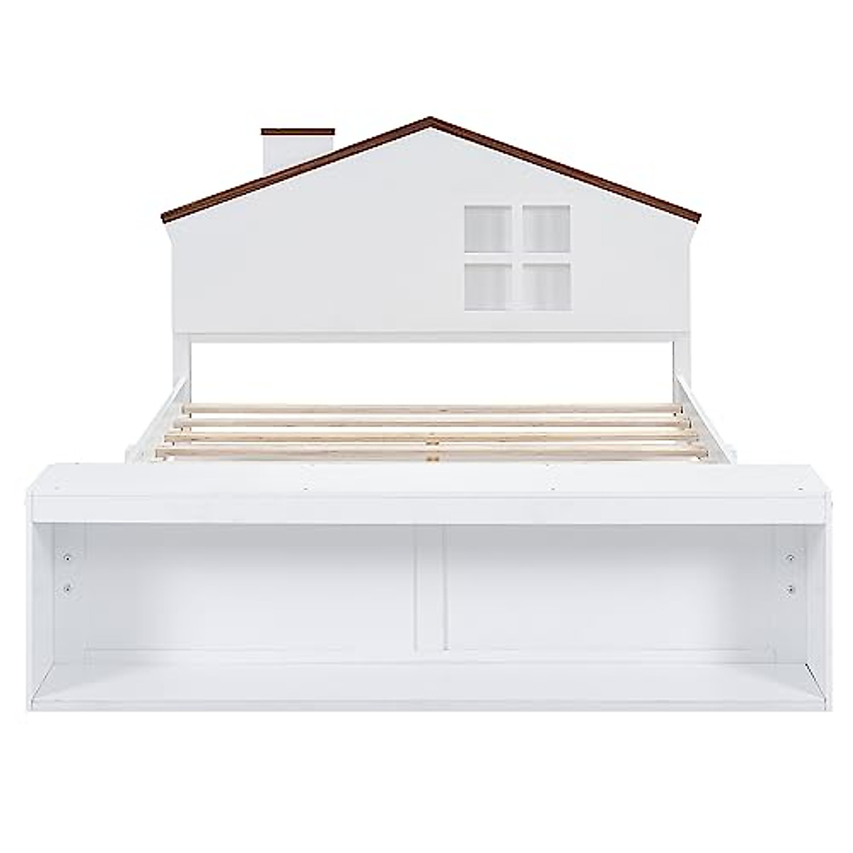 Vierniya Kid Platform Bed with House Shaped Headboard Full Size Wooden Bed Frame with Storage Cube and LED Lights, Low Bed for Boy Girl (White)