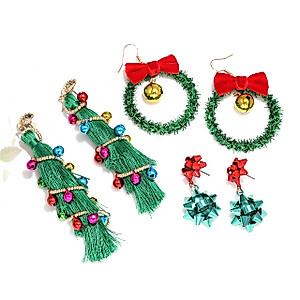 NVENF Christmas Earrings for Women Xmas Wreath Bow Earrings Long Tassel Christmas Tree Earrings Festive Gifts for Women Holiday Accessory (Style A - Christmas Tree)
