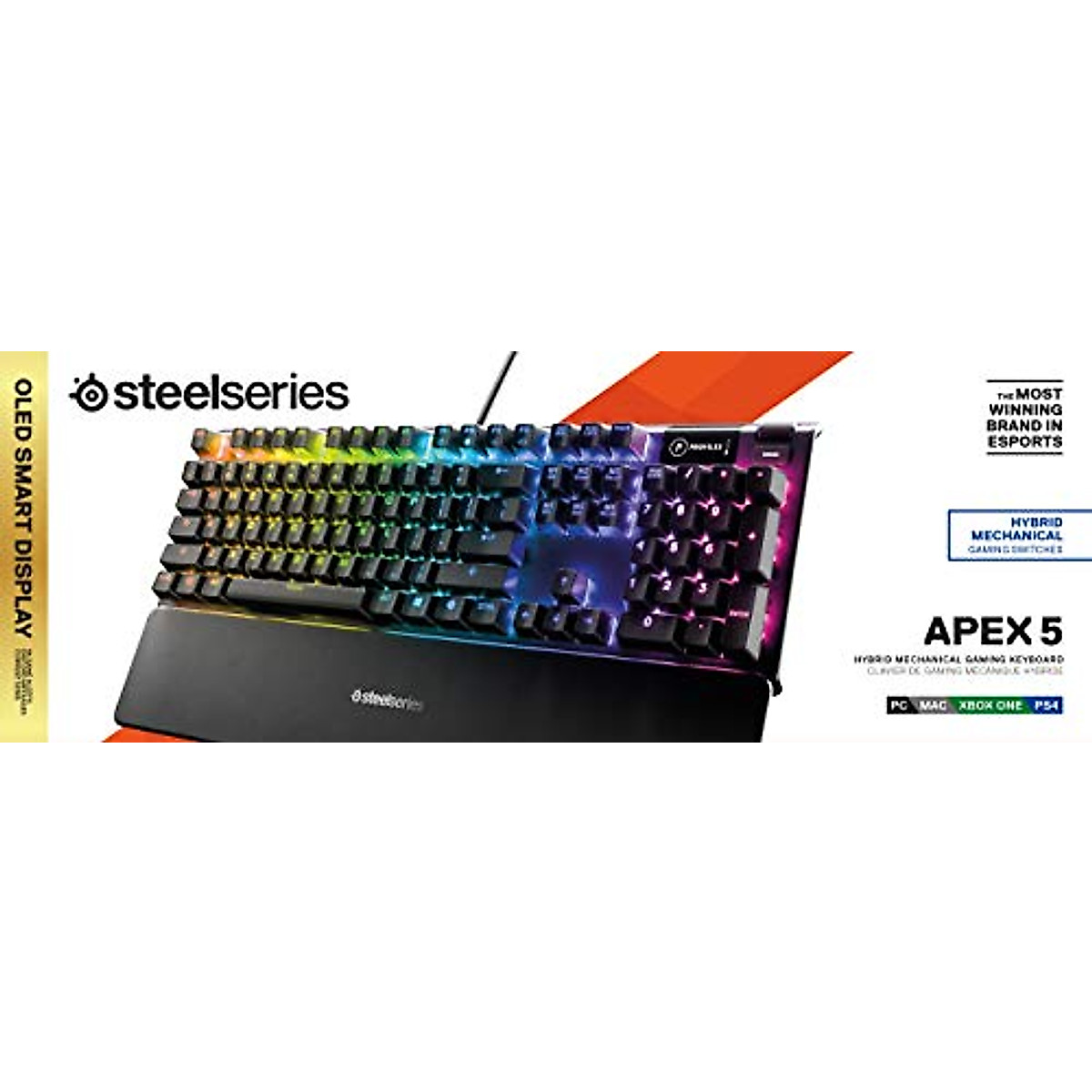 SteelSeries Apex 5 - Hybrid Mechanical Gaming Keyboard - Per-Key RGB Illumination - Oled Smart display - English (QWERTY) Layout PC