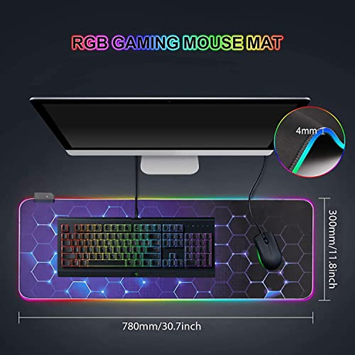 Speed RGB Gaming Mouse Pad, Non-Slip Rubber Base, Soft Glowing 14 LED Modes Gaming Desk Keyboard Pad Mat (6 : Blue Hexagon 78 x 30 Cm)