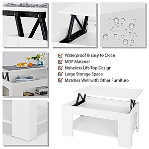 SUPER DEAL Lift Top Coffee Table with Hidden Compartment and Storage Shelf, Large Storage Space Rising Tabletop Dining Table Compact Cocktail Table for Living Room Reception Room, 38.6in L, White
