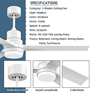 Biukis Ceiling Fans with Lights and Remote, Indoor and Outdoor , 60-inch White with Reversible DC Motor for Patio Bedroom Living Room