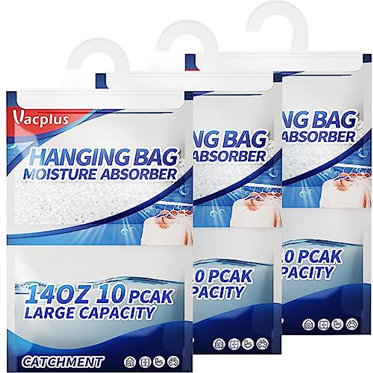 Vacplus Moisture Absorber, 3 Pack Desiccant Hanging Bag for Closet and Enclosed Space, 14 OZ Dehumidifier Bags Effectively Trap Extra Moisture, Hanging Moisture Absorbers Eliminate Unpleasant Smell