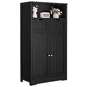 Iwell Large Bathroom Cabinet, Bathroom Storage Cabinet with 2 Drawers & 2 Shelves, Bathroom Floor Cabinet with 2 Doors for Living Room, Bedroom, Kitchen, Black